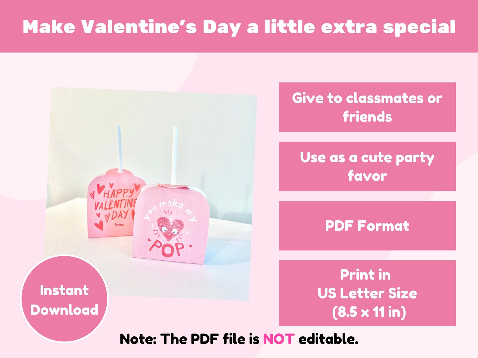 School Valentine Lollipop Tags for Kids Classroom Treat Holder Cards ...