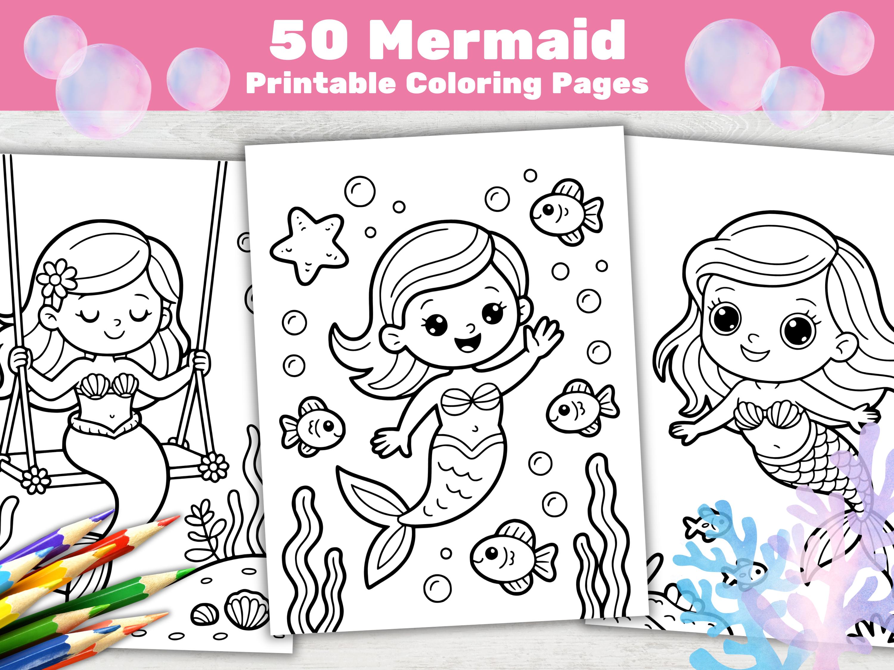 50 Mermaid Coloring Pages: Fantasy Ocean Coloring Book (PDF+PNG) - Etsy