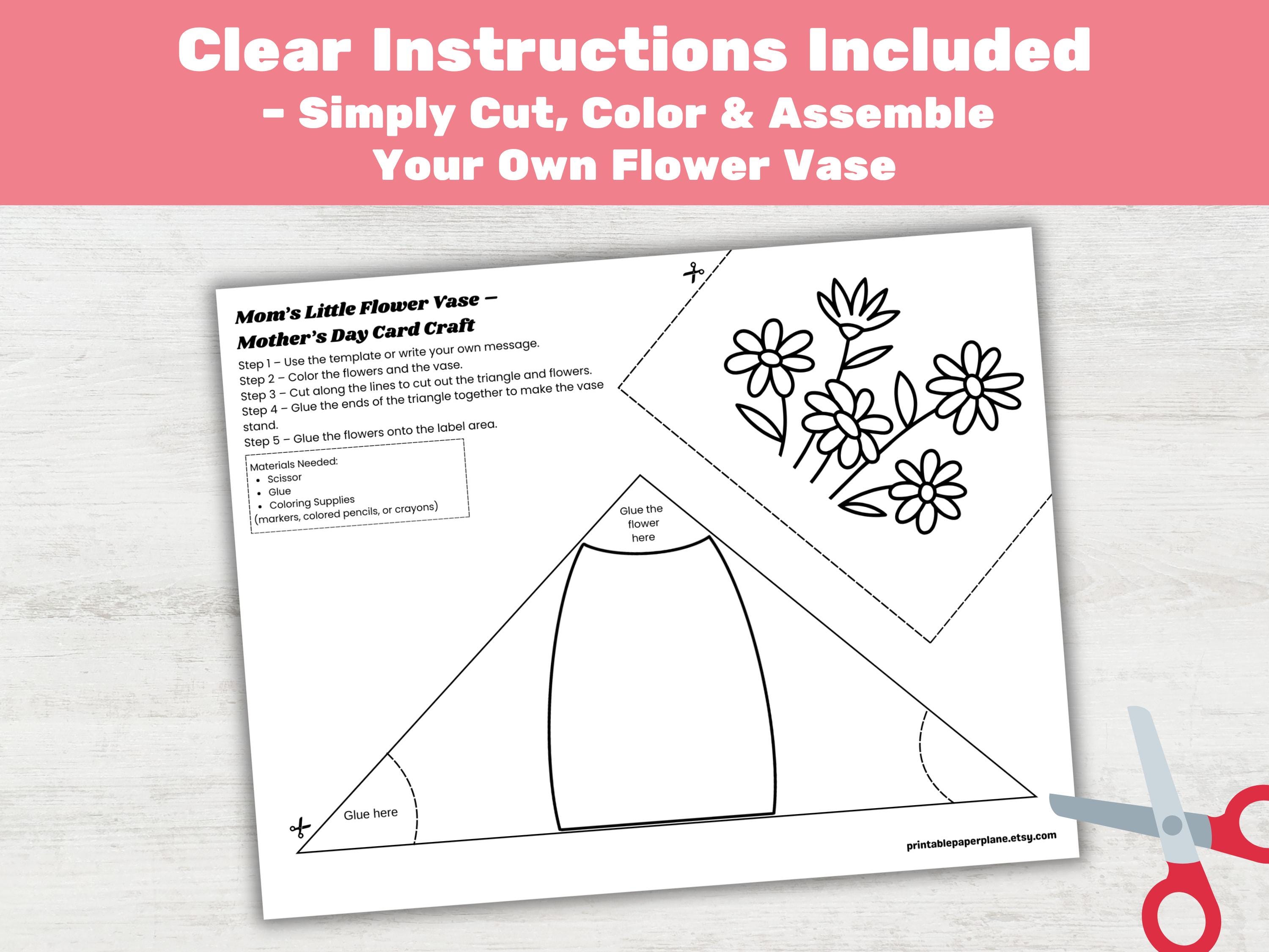 Printable Mother's Day Coloring Card, Build Your Own Flower Vase Craft ...