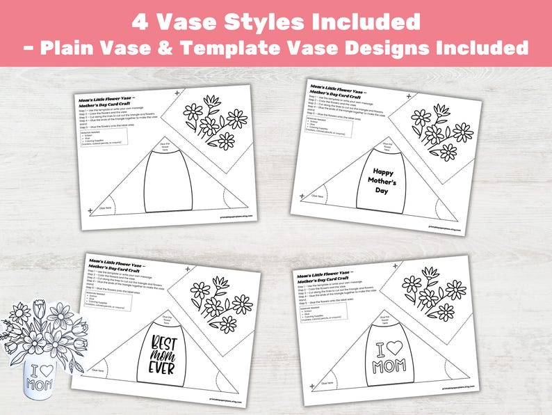 Printable Mother's Day Coloring Card, Build Your Own Flower Vase Craft ...