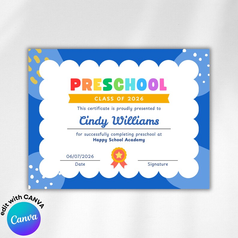 Preschool Graduation Certificate Template: Class of 2025, Editable ...