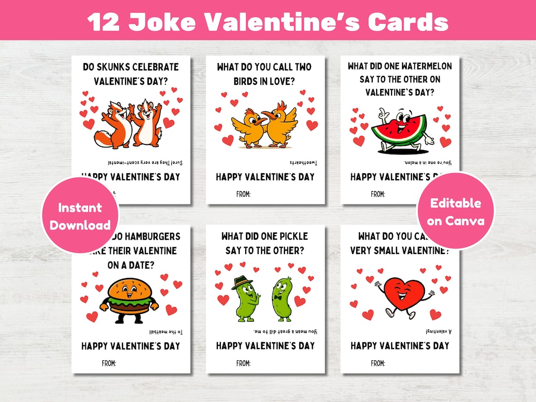 Editable Joke Valentines Day Cards 12 Funny Cards, Kids Valentines ...