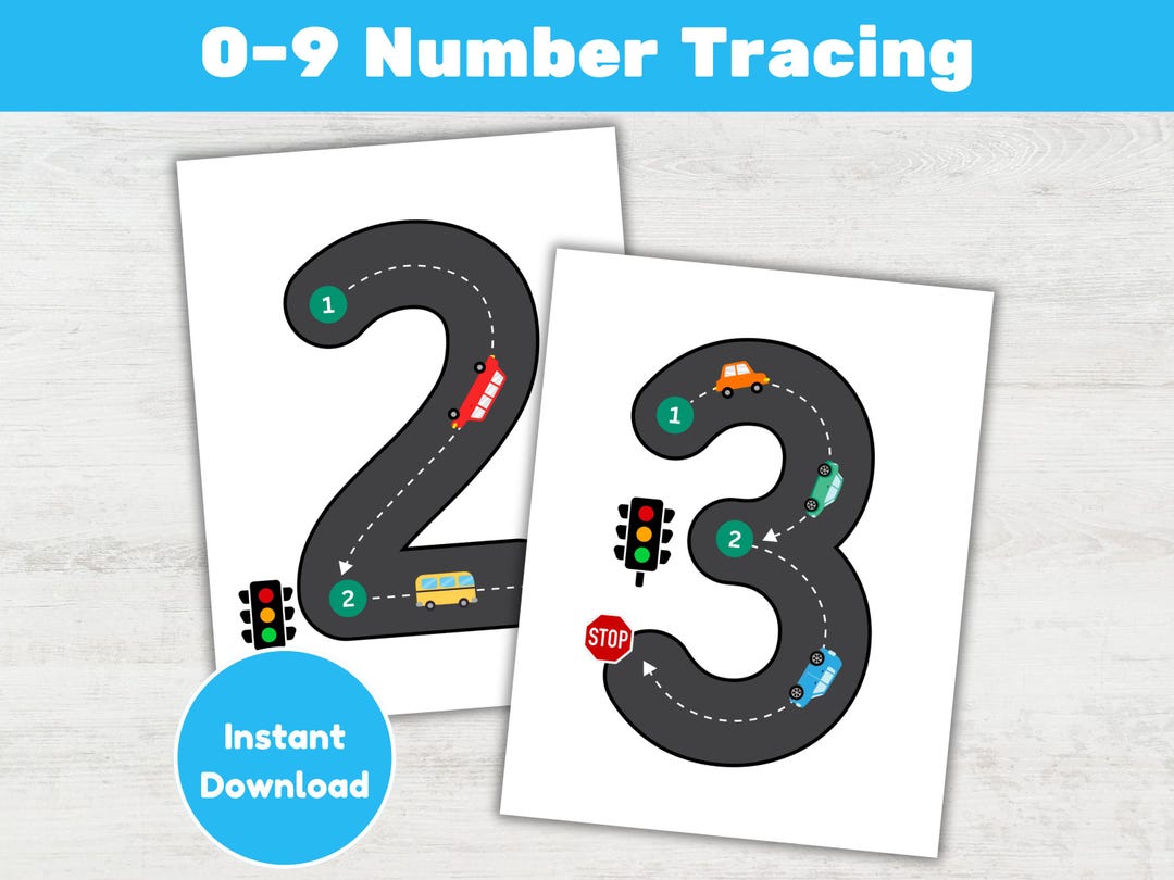 0-9 Car Road Number Tracing Printable Poster Flashcard for Preschool ...
