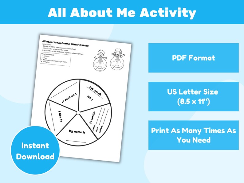 All About Me Spinning Wheel: Back to School Printable Activity (PDF ...