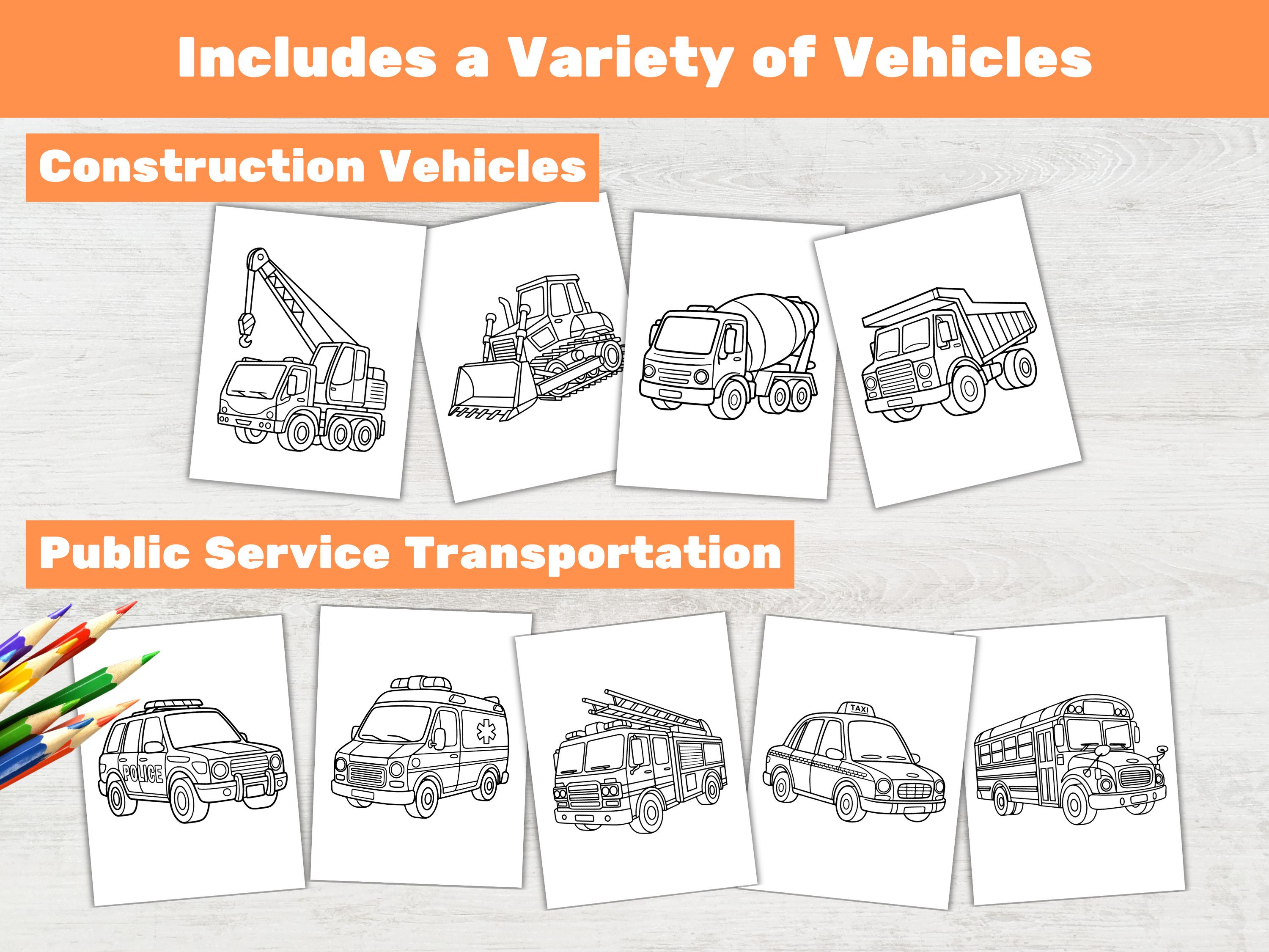 Vehicles Coloring Pages for Kids, Easy Construction Cars Transportation ...