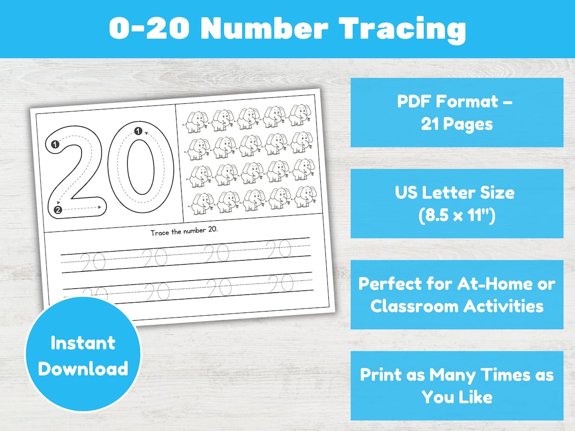 Number Tracing 0-20 Worksheets Printable, Toddler Preschool ...