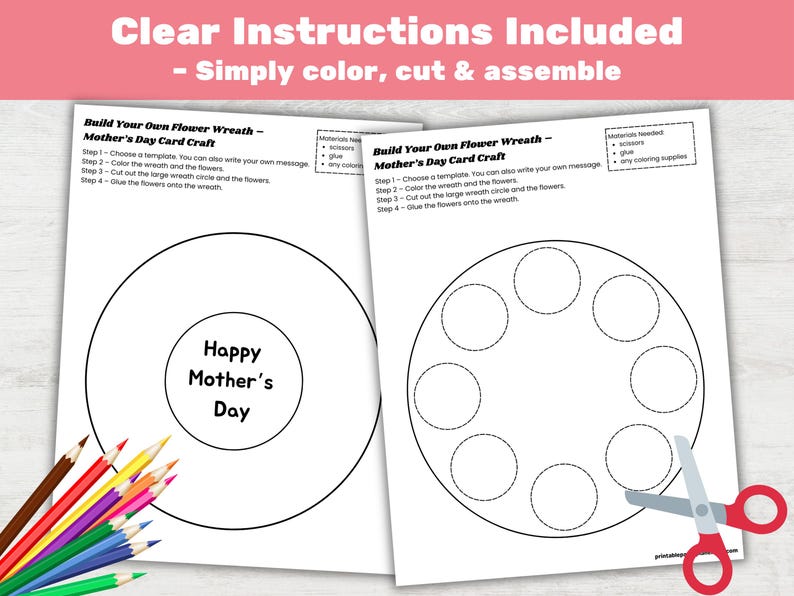 Printable Mother's Day Card: DIY Flower Wreath Craft Activity (PDF ...
