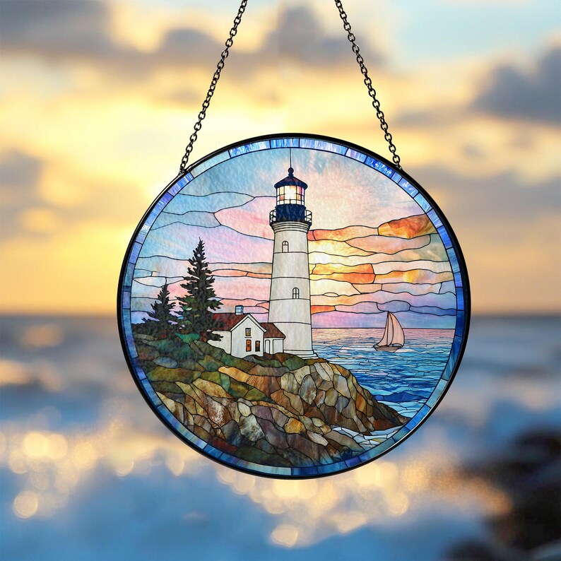 Lighthouse Stained Glass Suncatcher, Ocean Sunset Window Hanging ...