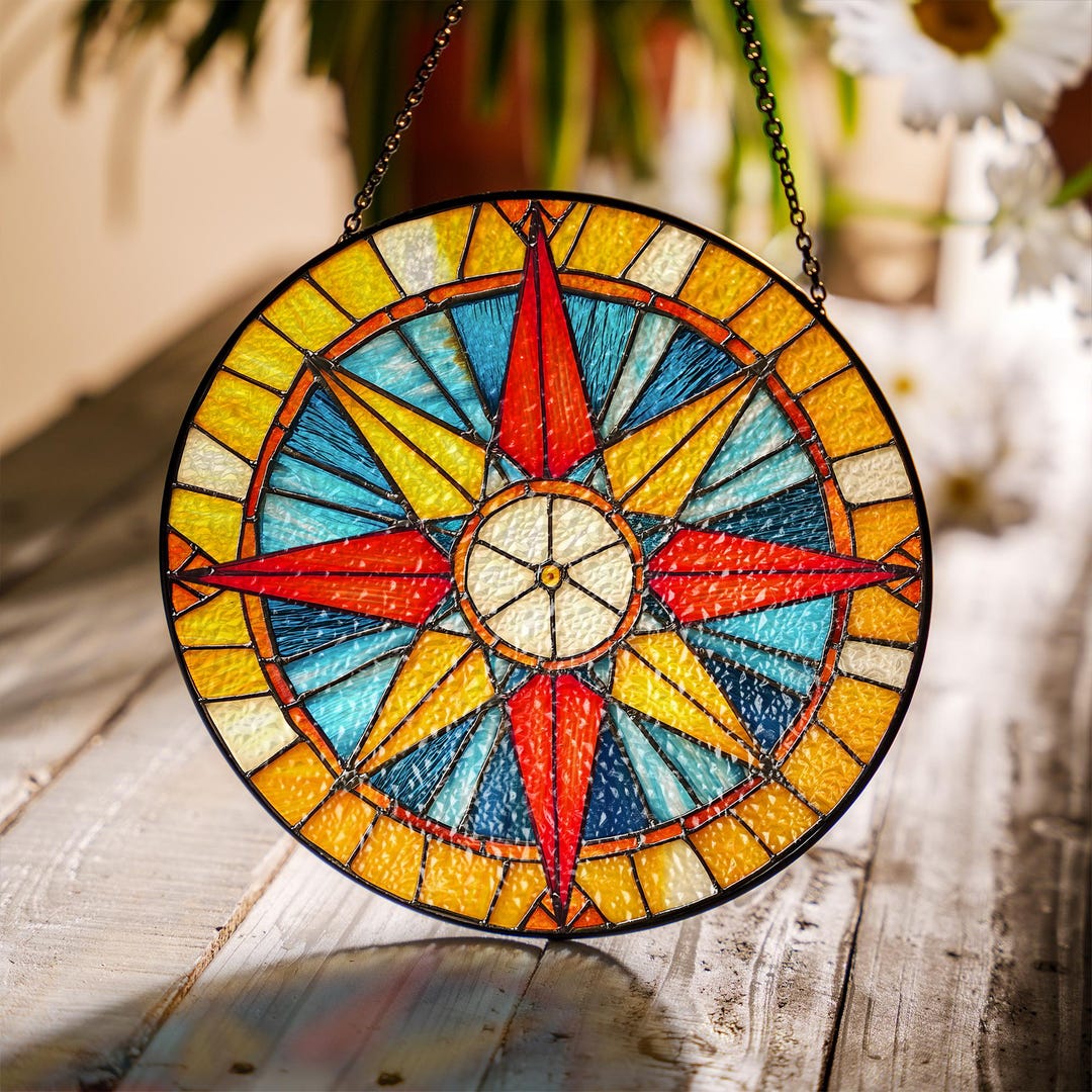 Compass Rose Faux Stained Glass Suncatcher, Geometric Sunburst Window ...