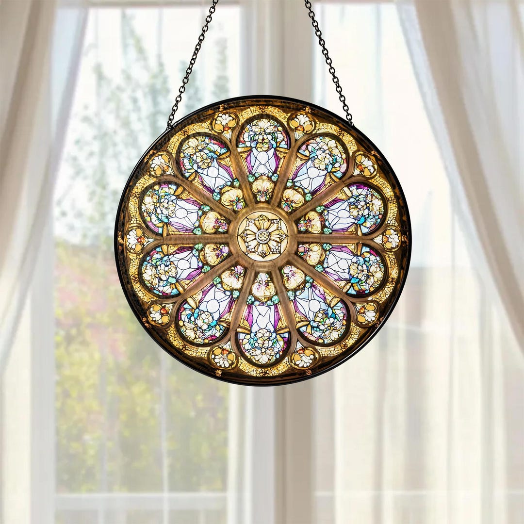 Rose Window Faux Stained Glass Suncatcher, Gothic Church Style Window ...