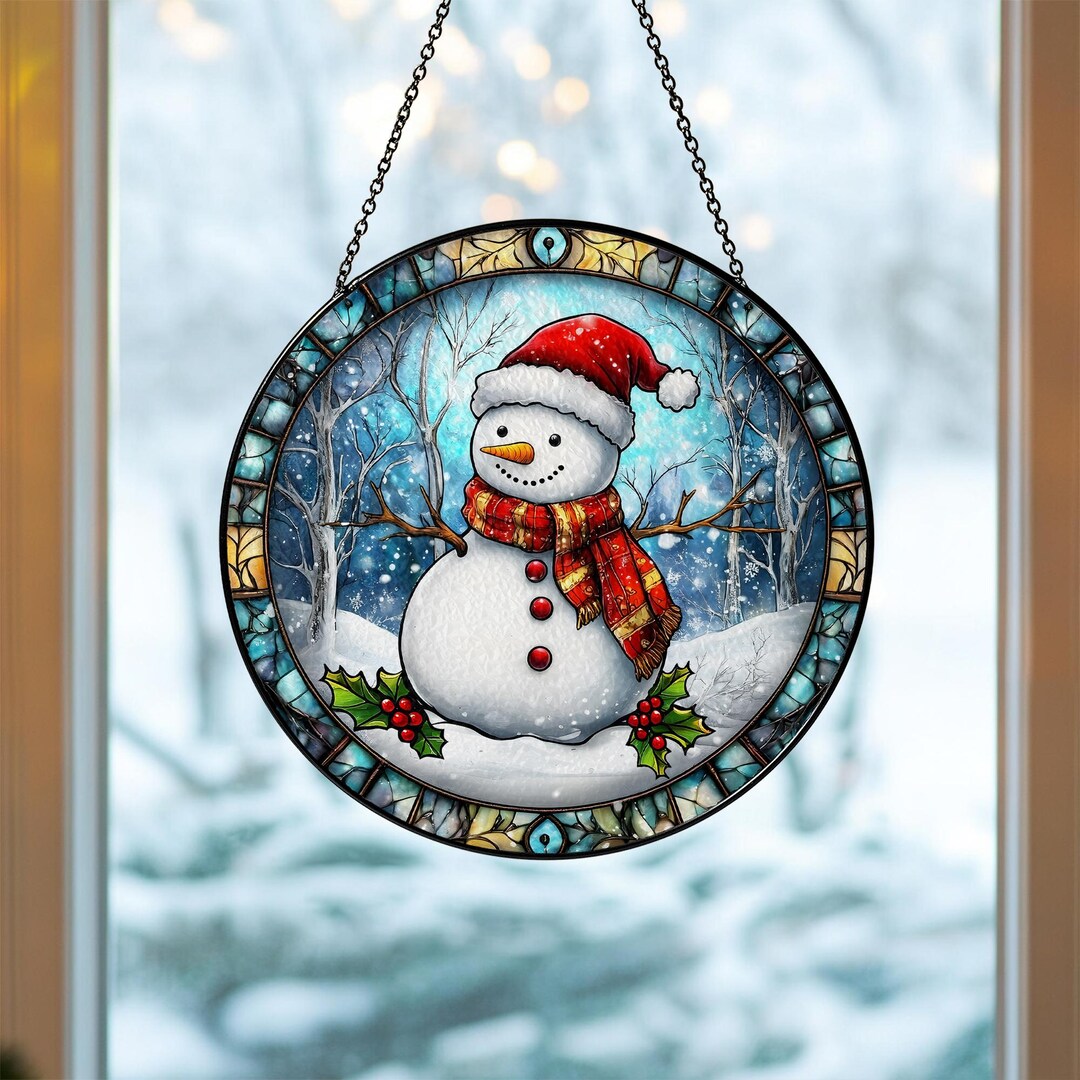 Snowman in Winter Forest Stained Glass Suncatcher, Christmas Snowman ...
