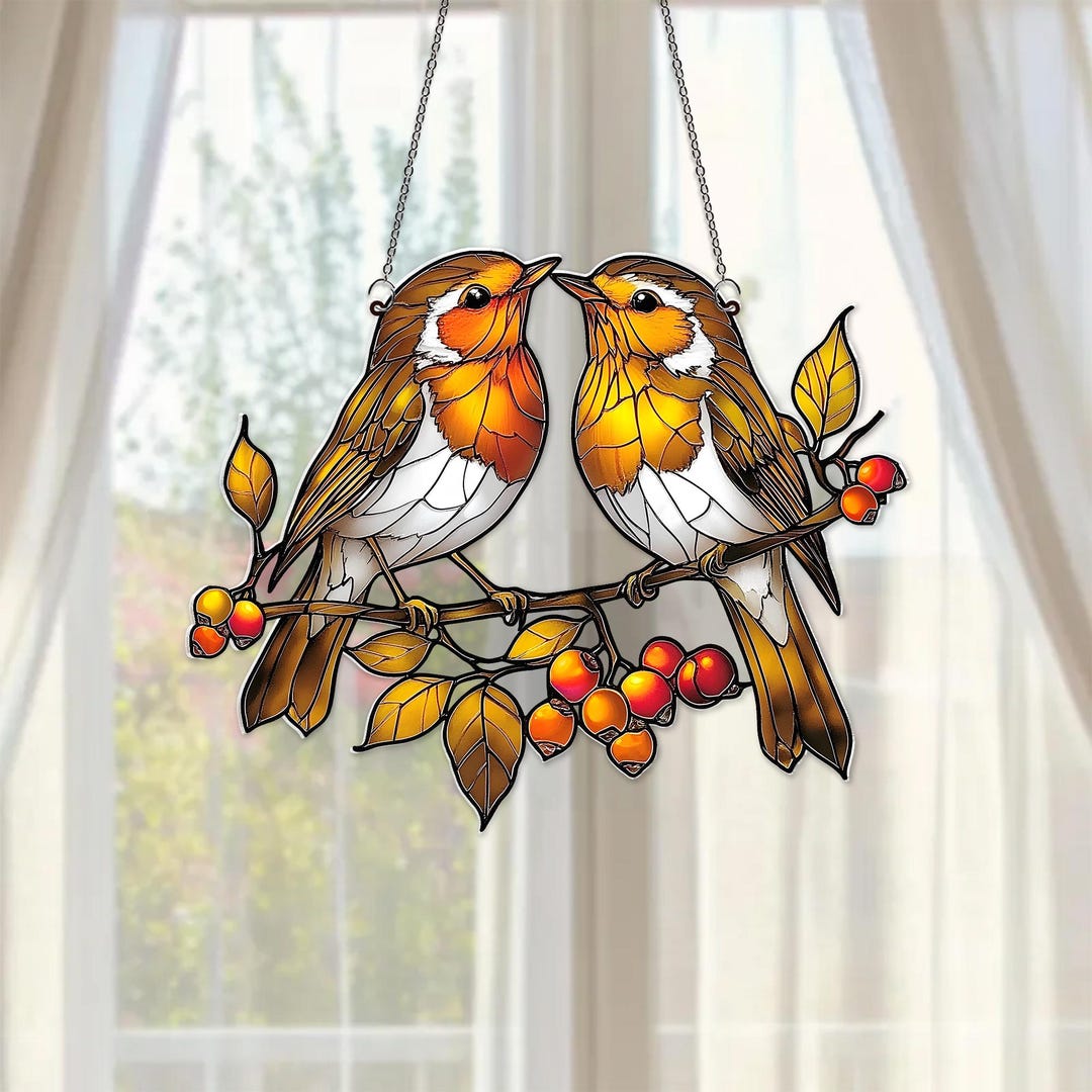 Twin Robin Birds 2D Acrylic Suncatcher, Robin Suncatcher Glass Effect ...