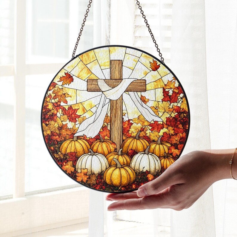 Christian Fall Stained Glass Suncatcher, Fall for Jesus He Never Leaves ...