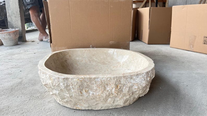 Rustic Marble Sink 20", Natural Beige Stone Bowl, Raw Edge Vanity Basin ...