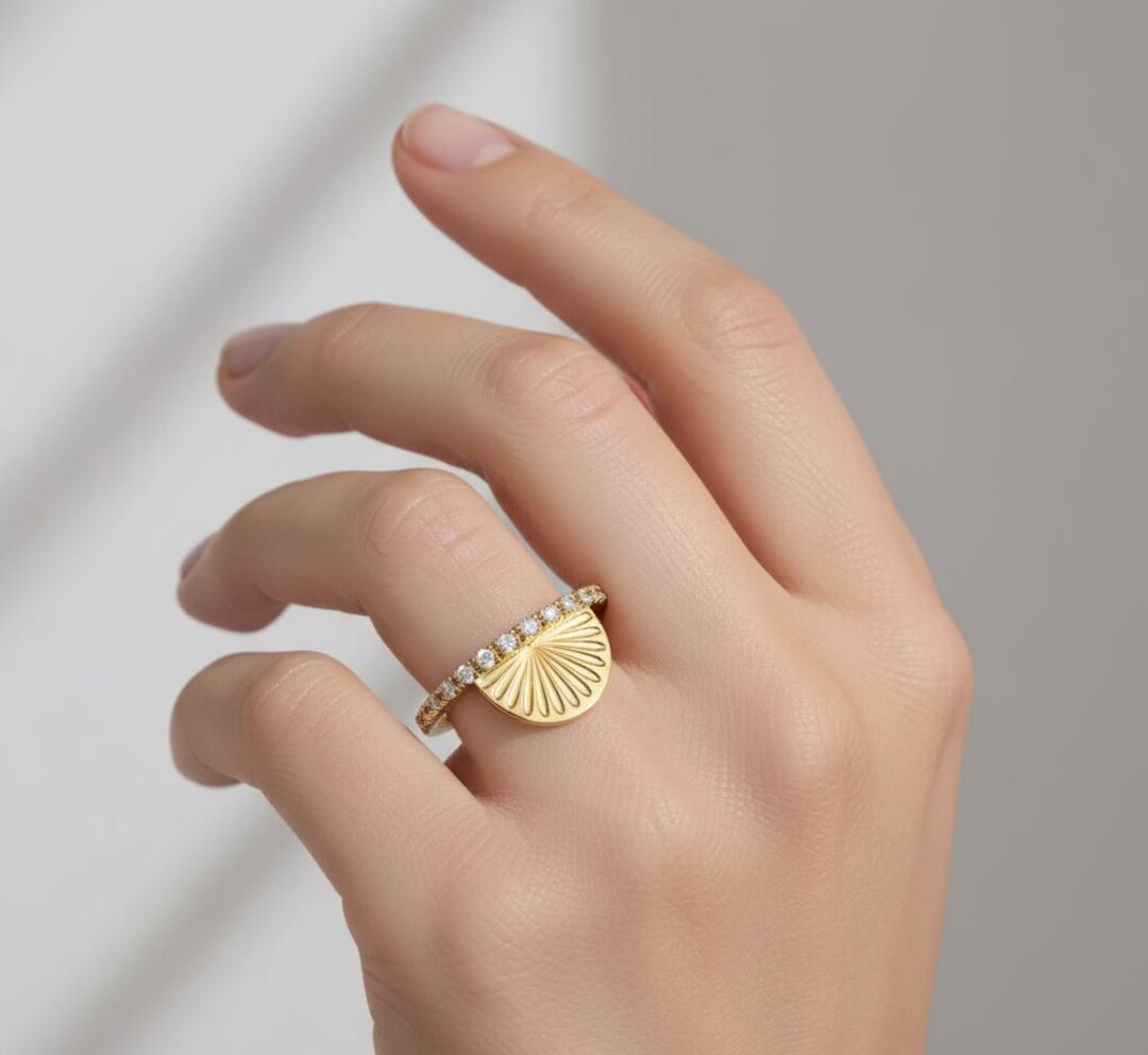 14K Gold Round Diamond Stacking Band | Art Deco Fan Ring | Vintage ...