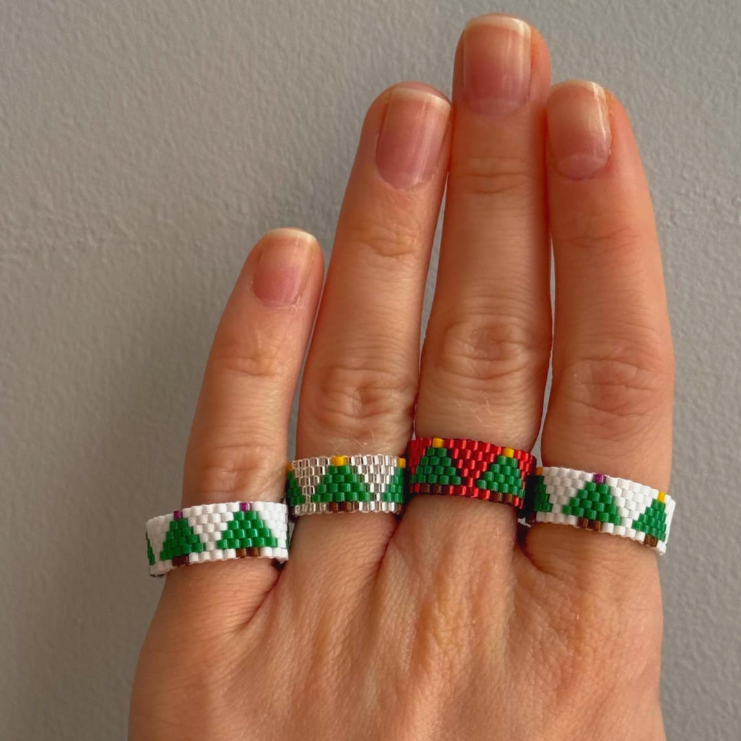 Handmade Beaded Tree Ring: White, Green, Red, Silver - Etsy