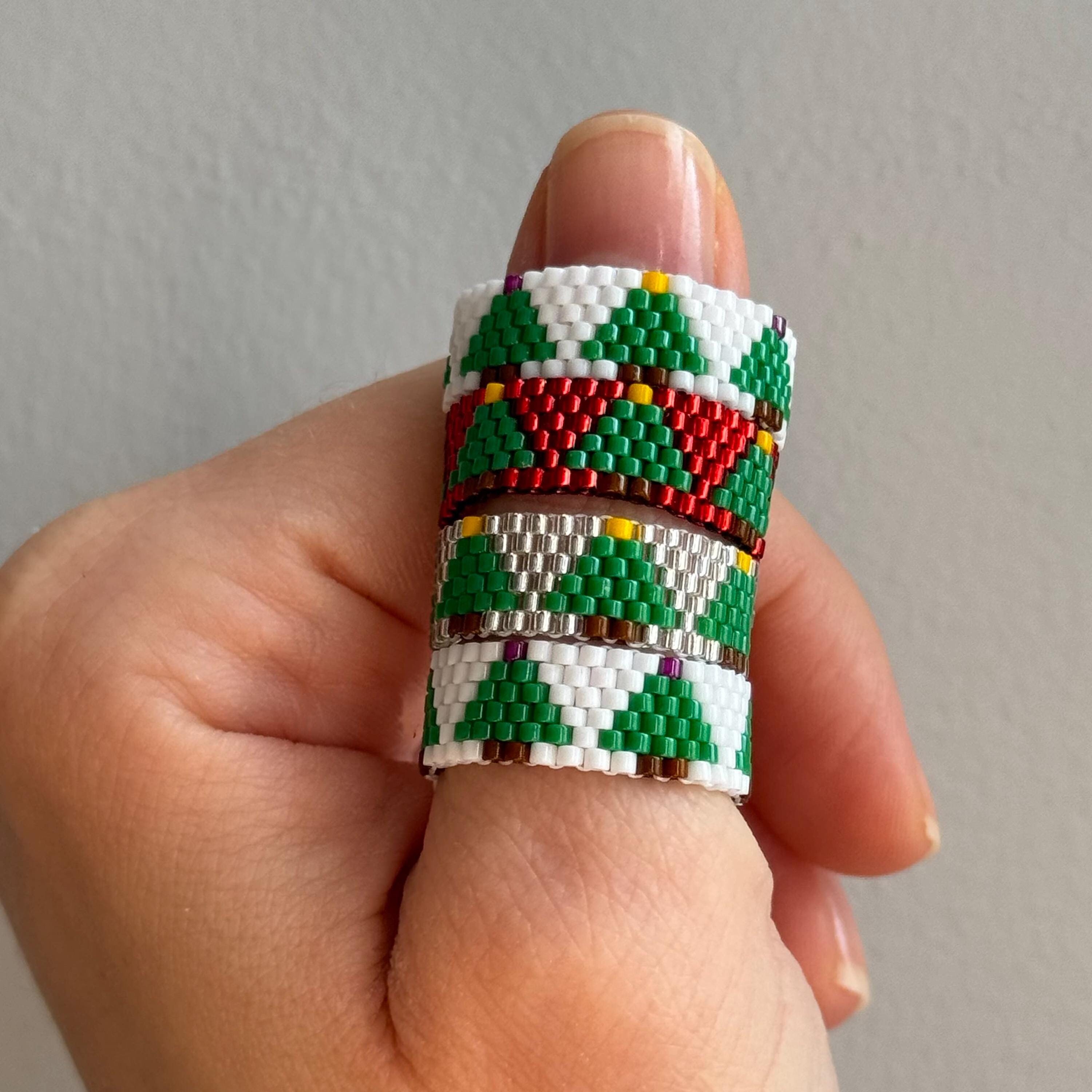 Handmade Beaded Tree Ring: White, Green, Red, Silver - Etsy