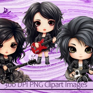 Black Hair Rocker Girl Guitar Chibi Kawaii Art Clipart Graphics ...