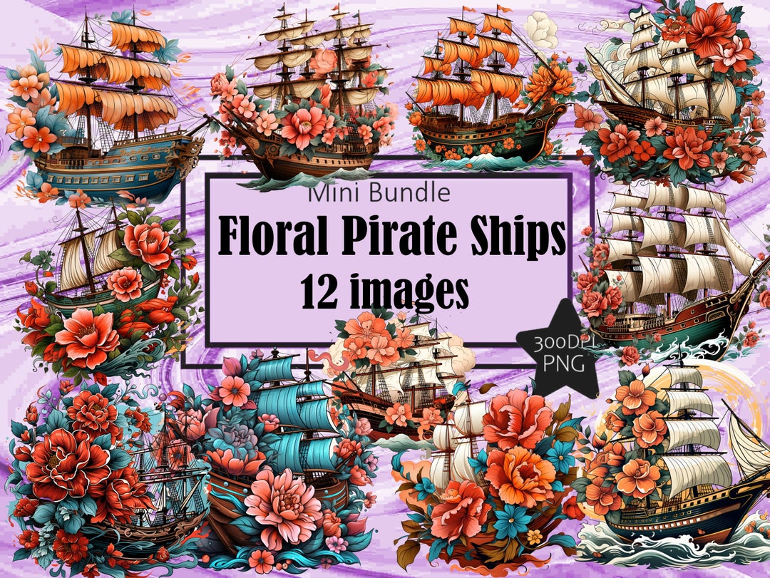 Tattoo Style Pirate Ship Floral Flash Art Fantasy Boat Clipart Dye ...