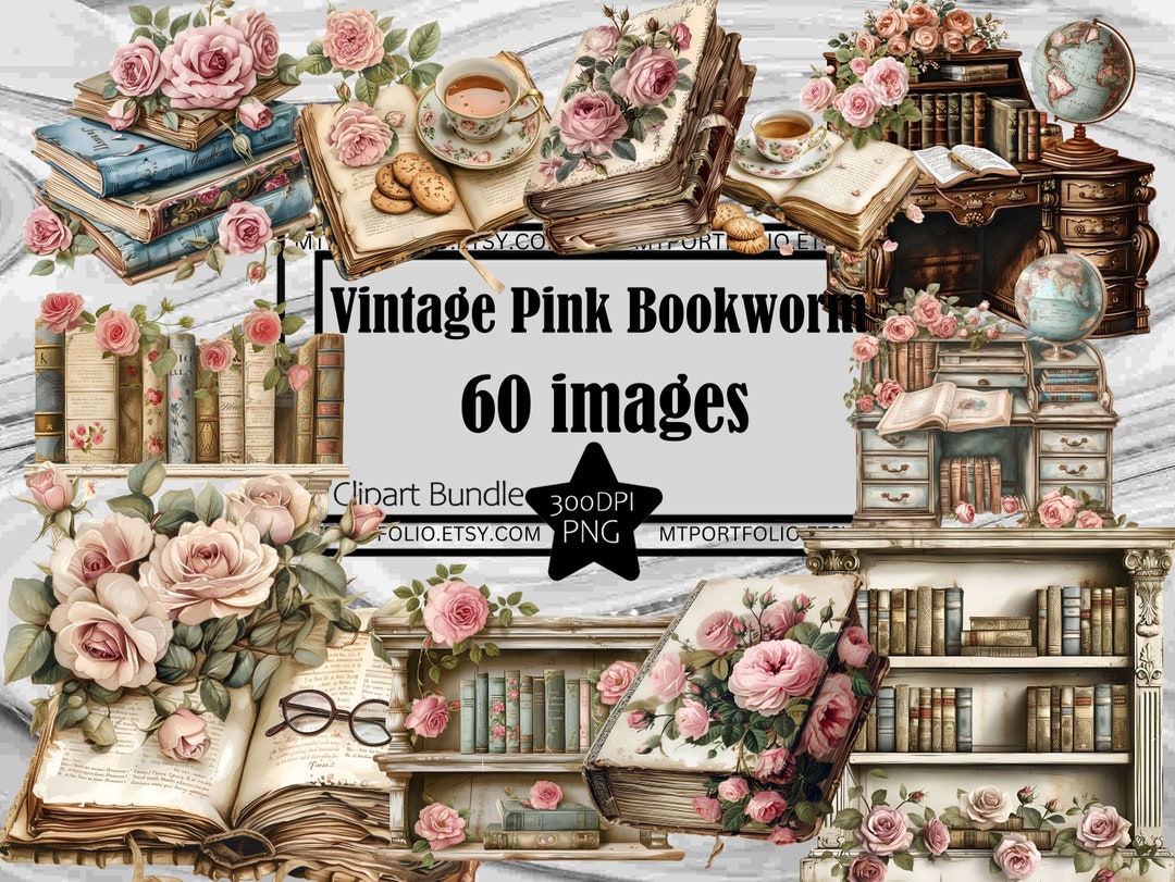 Pink Bookwork Clipart Vintage Pink Book PNG Bookshelf Clipart Bundle ...