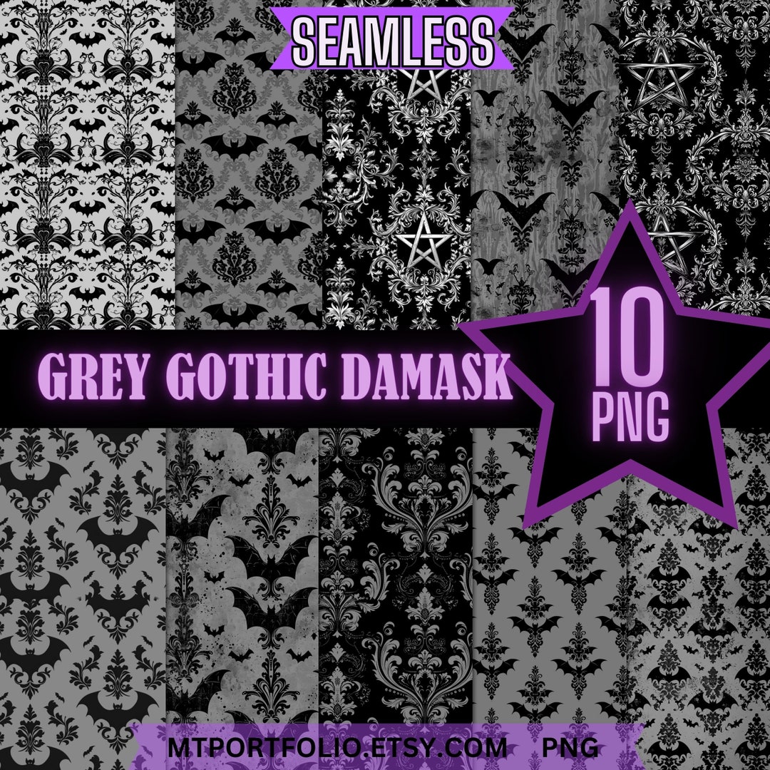 Grey and Black Gothic Damask Print Seamless Patterns 10 Pack Digital ...