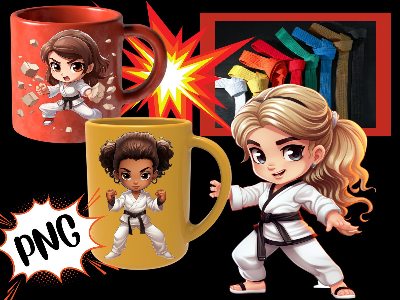 Chibi Karate Clipart Martial Arts PNG Digital Download Black Belt Gi ...