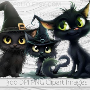 Cute Black Cats Clipart Cartoon Black Cat PNG Graphics Bundle Digital ...