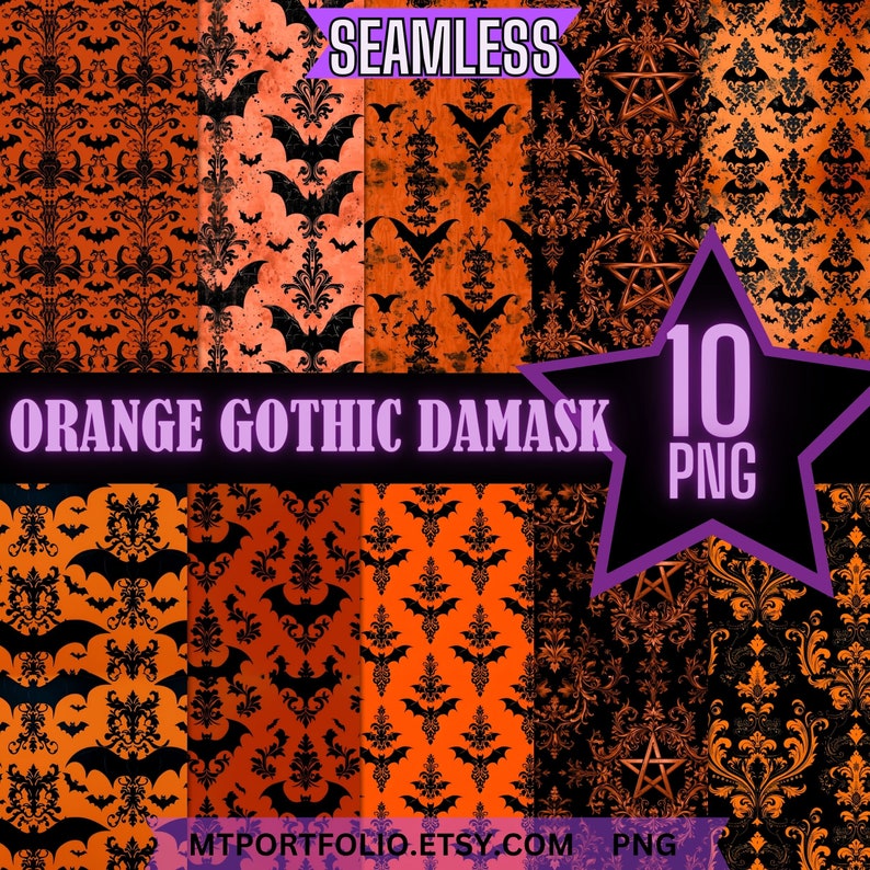Orange and Black Gothic Damask Print Seamless Patterns 10 Pack Digital ...