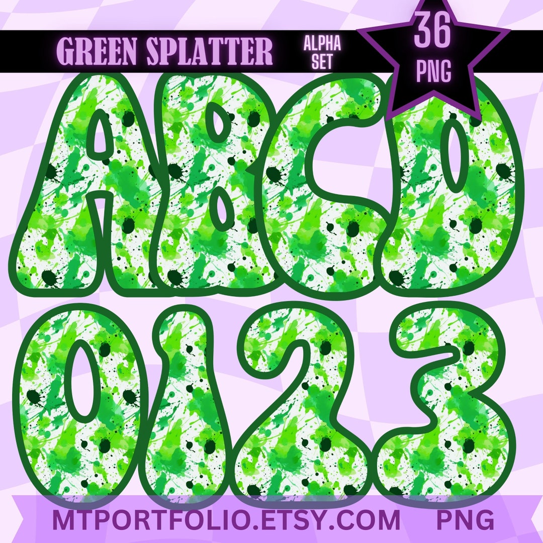 Green White Paint Splatter Alphabet PNG Individual Letters and Numbers ...