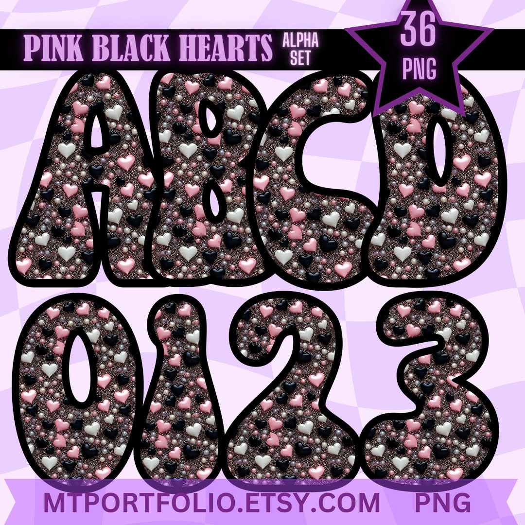 Pink Black Hearts Alphabet PNG Bubble Letters Individual Letters and ...