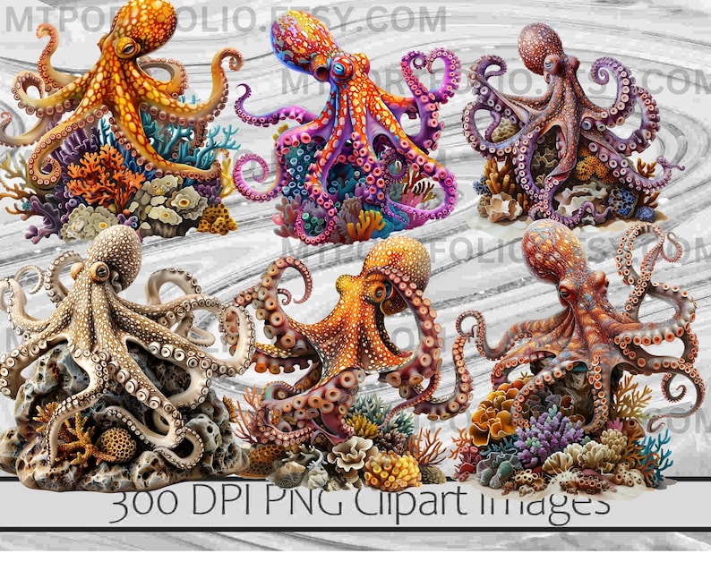 Octopus Clipart Rainbow Octopus Watercolor PNG Bundle PNG Graphics ...