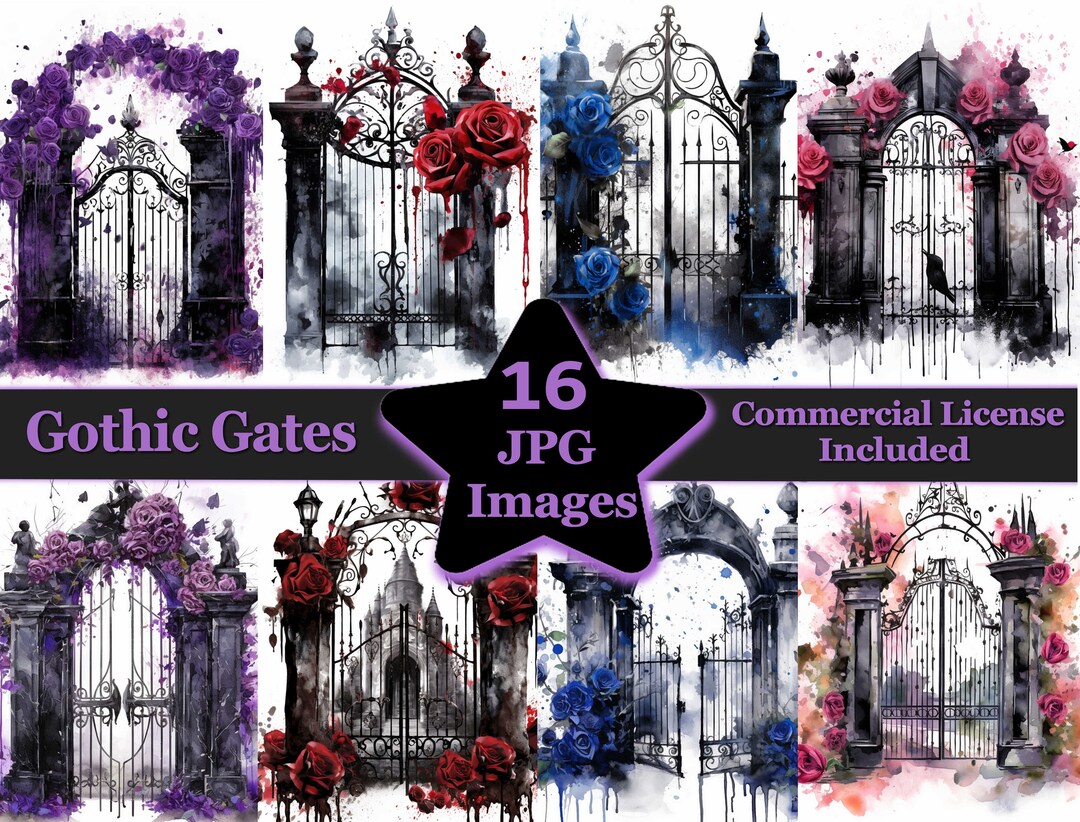 Gothic Cemetary Gates With Roses, Castles, Ravens 16 Watercolor ...
