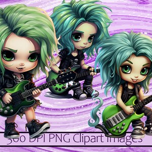 Green Hair Rocker Girl Guitar Chibi Kawaii Art Clipart Graphics ...