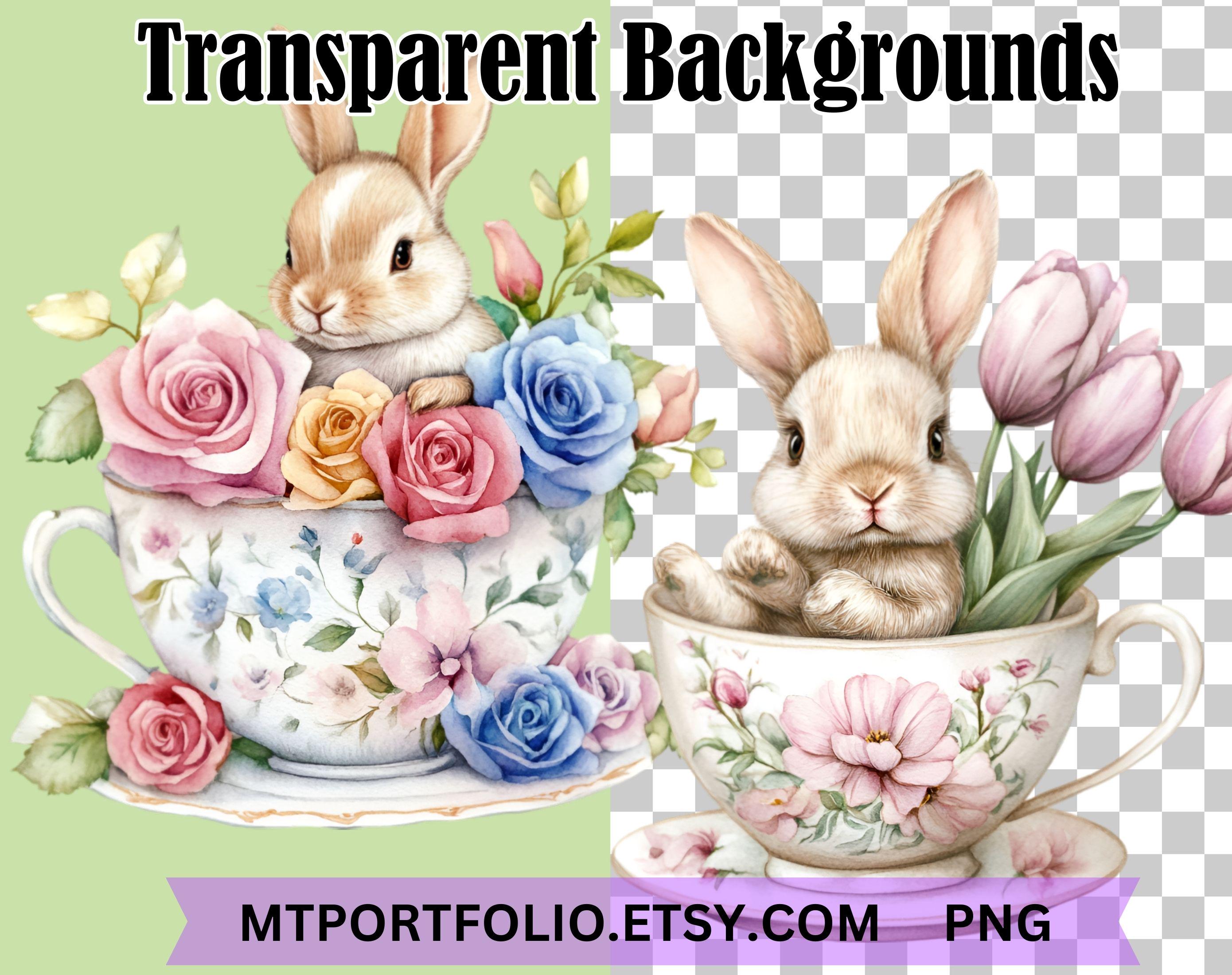 Teacup Bunny Clipart Vintage Floral Easter Rustic Cottagecore PNG ...