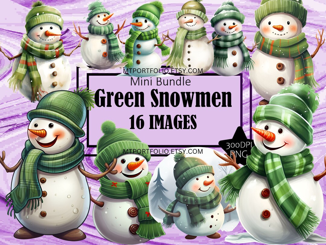 Snowmen in Green Scarf Hat Watercolor Winter PNG Art Clipart Graphics ...