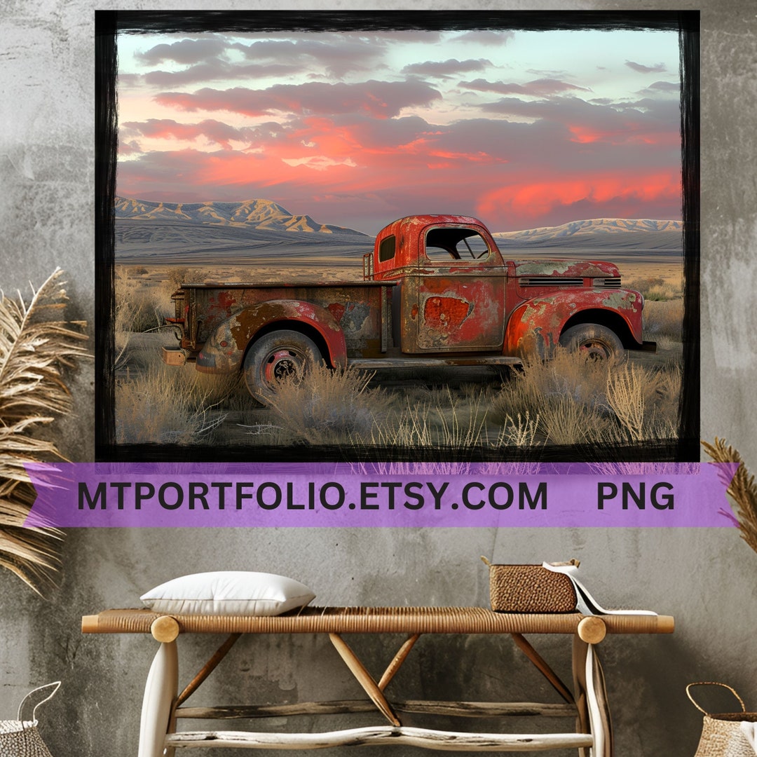 Vintage Rusty Red Truck Printable Art Southwest Scenery Wall Art Man ...