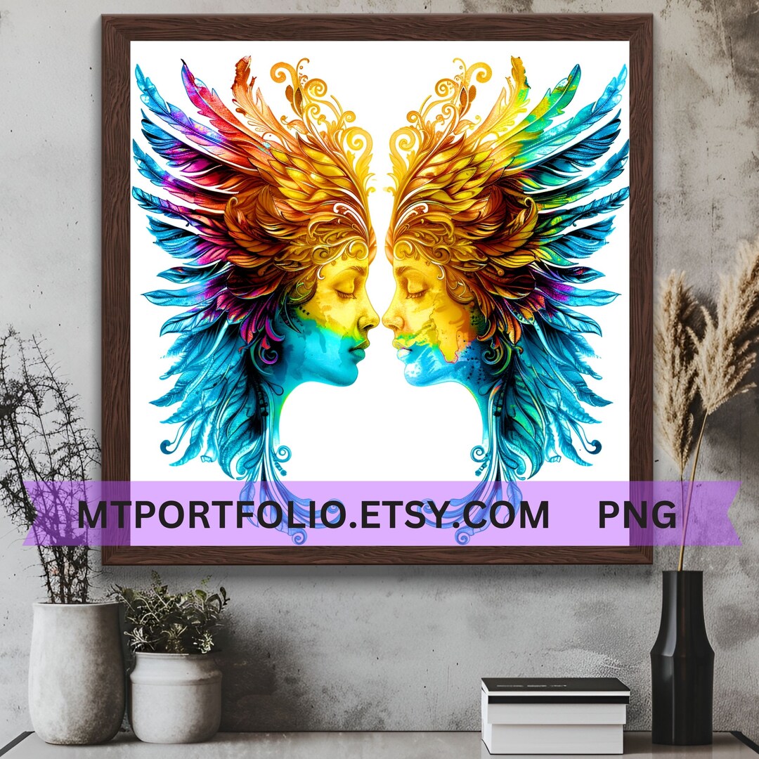 Winged Angel Faces Printable Art Opposing Faces Wall Art Space Fantasy ...