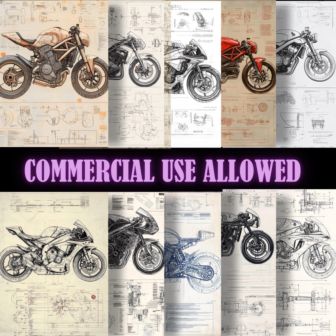 Motorcycle Blueprints Patent Drawings PNG Printable Schematic Vintage ...