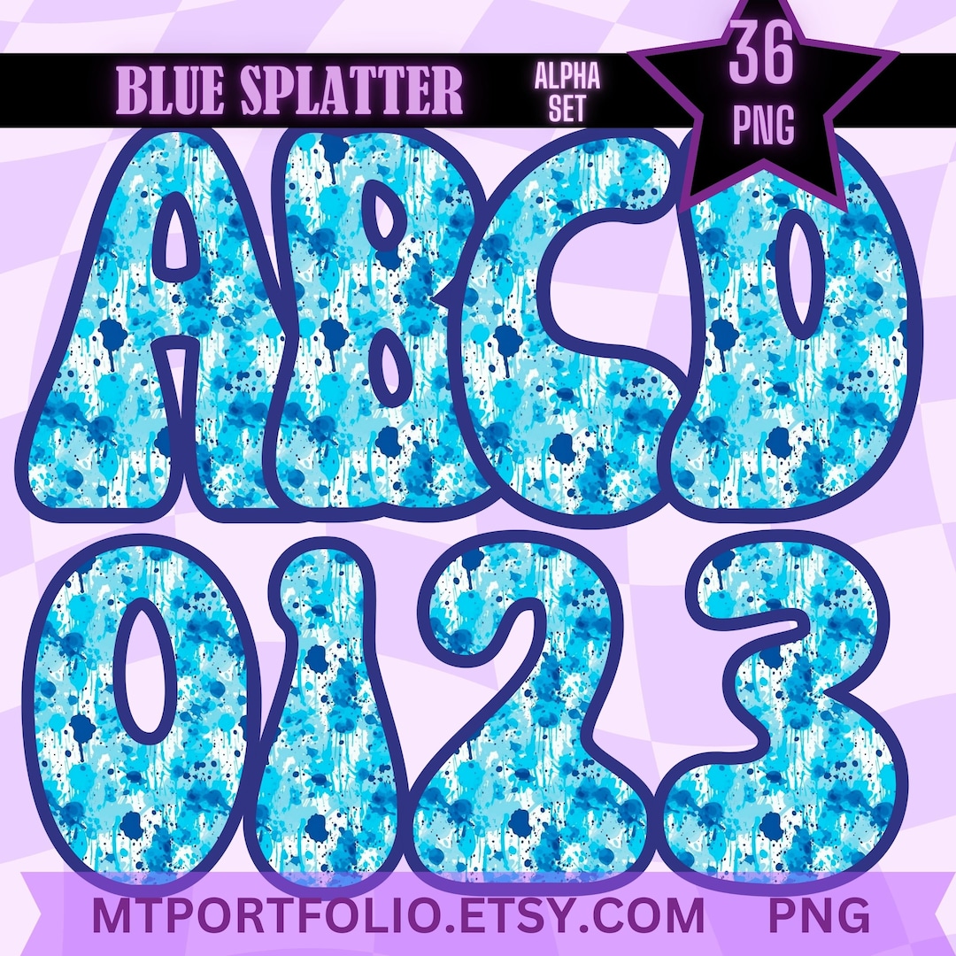 Blue White Paint Splatter Alphabet PNG Individual Letters and Numbers ...