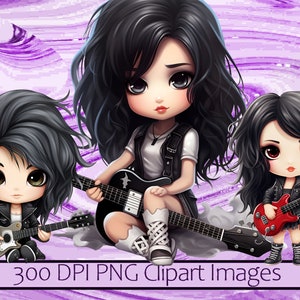 Black Hair Rocker Girl Guitar Chibi Kawaii Art Clipart Graphics ...