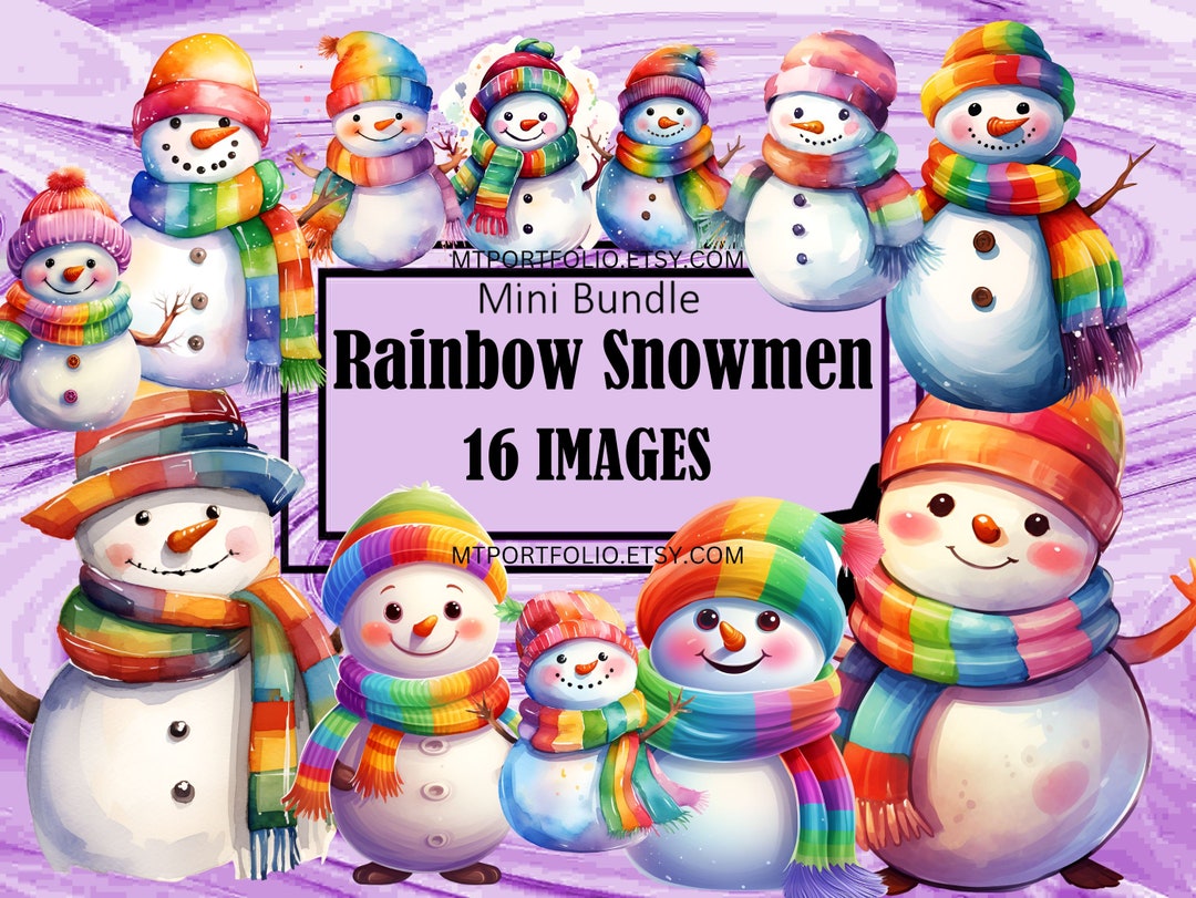 Snowmen in Rainbow Scarf Hat Watercolor Winter PNG Art Clipart Graphics ...