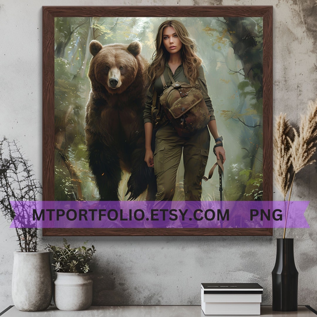 Woman and Bear Printable Art Forest Wall Art Woman in the Woods Bear ...