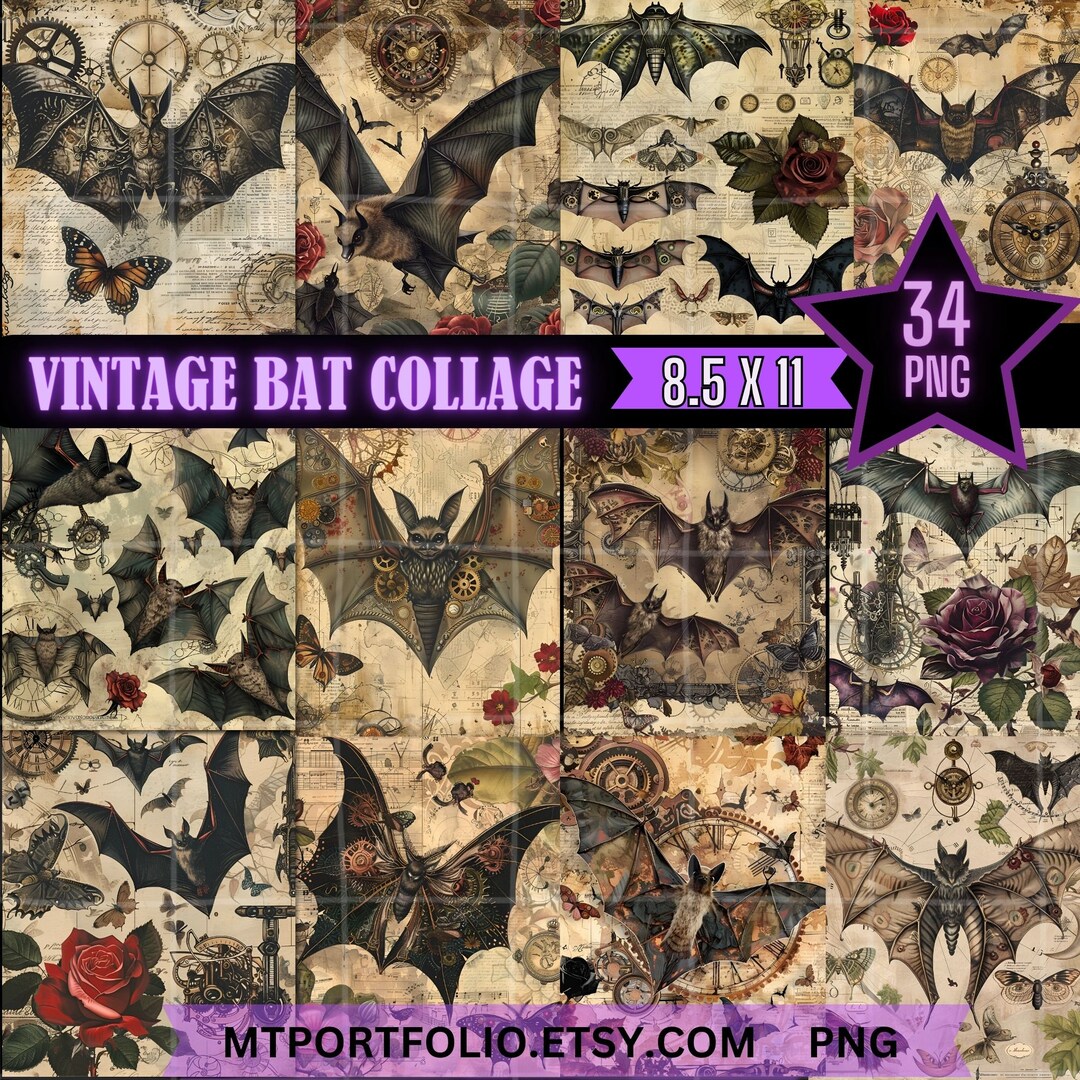 Vintage Bats Digital 8.5 X 11 Paper Print 34 Pack Spooky Bat Paper for ...