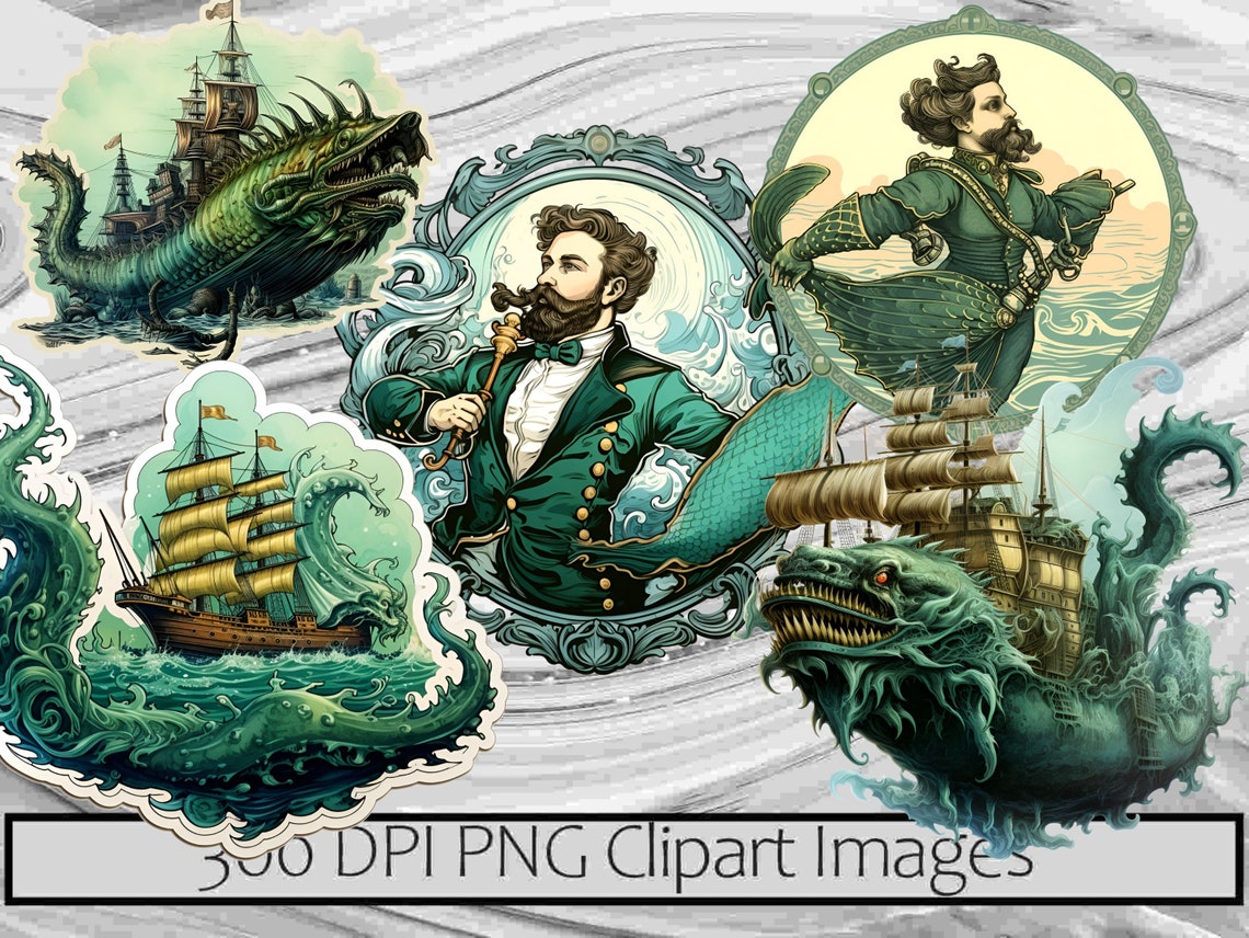 Nautical Clipart Mermaid PNG Jules Verne Sea Monster Lighthouse ...