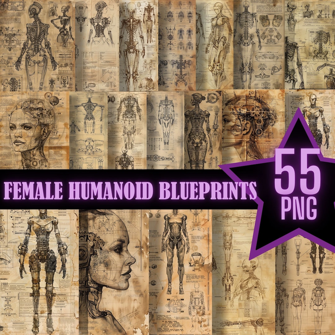 Female Robot Blueprints Female Humanoid PNG Printable Schematic Vintage ...
