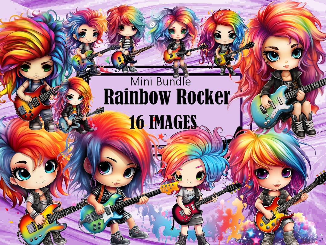 Rainbow Hair Rocker Girl Graffiti Chibi Kawaii Art Clipart Graphics ...