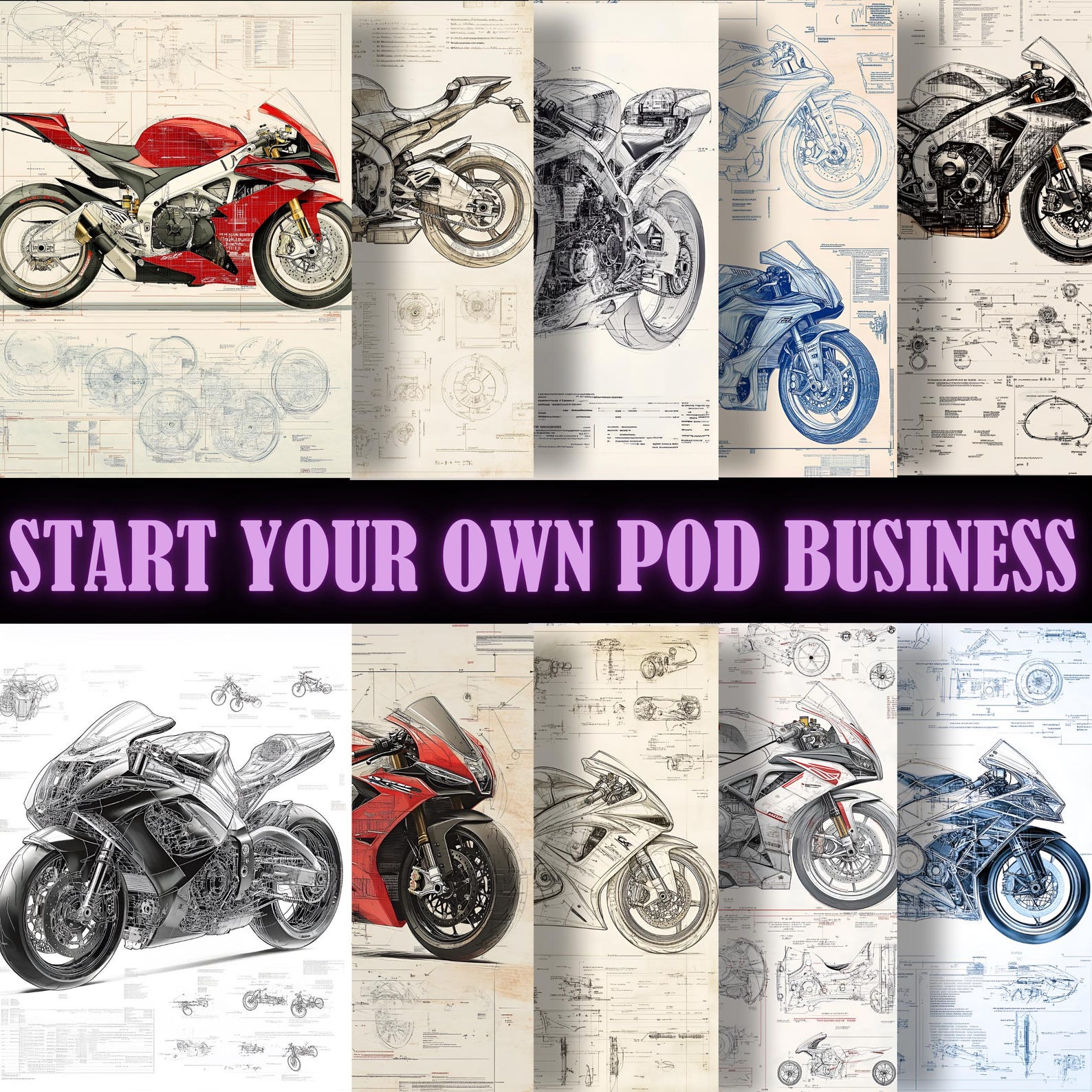 Motorcycle Blueprints Patent Drawings PNG Printable Schematic Vintage ...