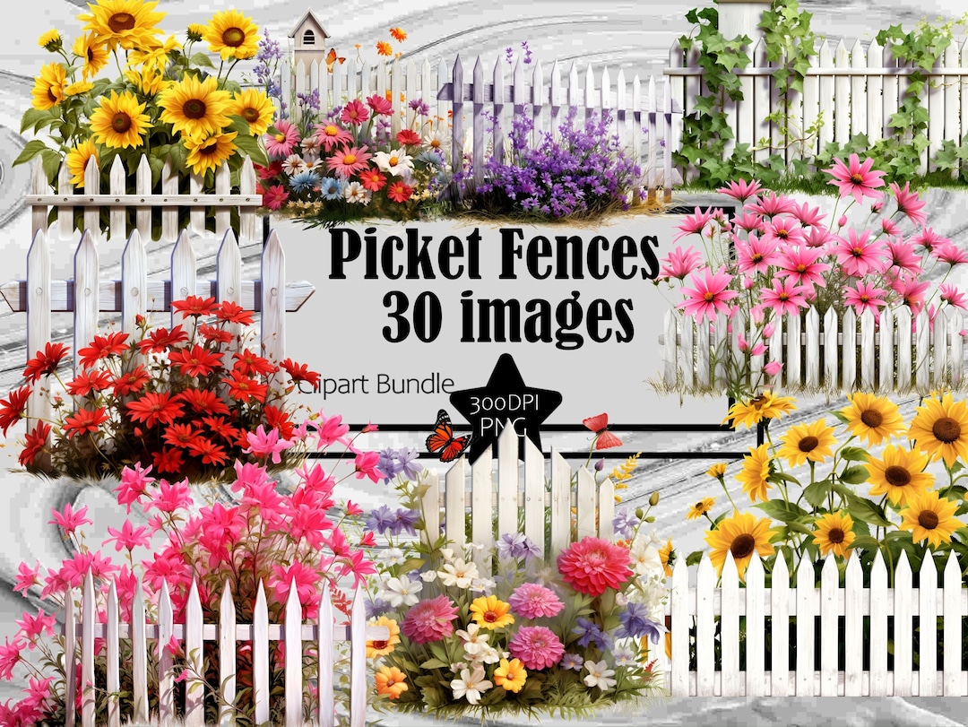 Wildflowers Clipart Country Picket Fences PNG Sublimation Art White ...
