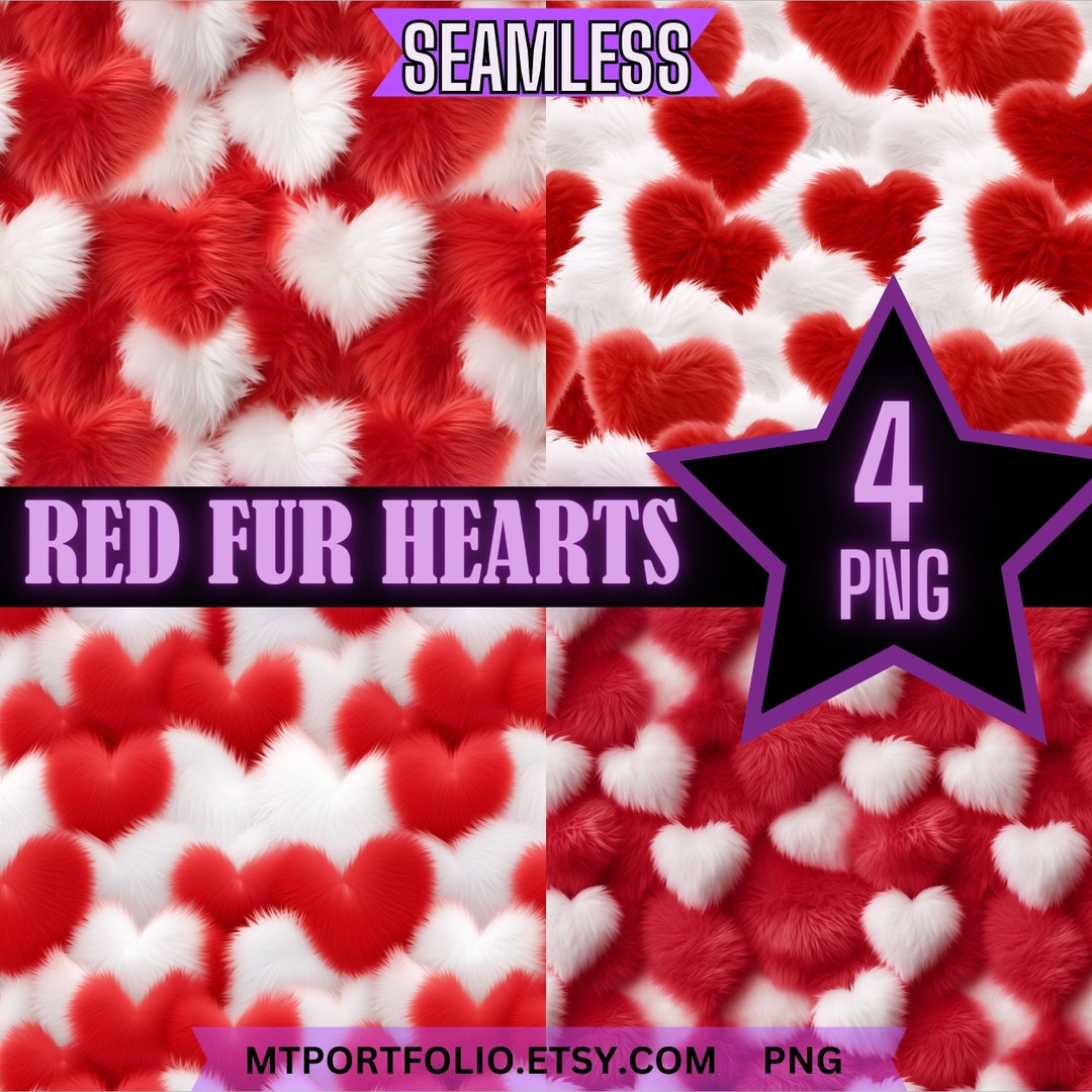 Red White Fur Furry Texture Hearts 3D Digital Paper Seamless Patterns 4 ...