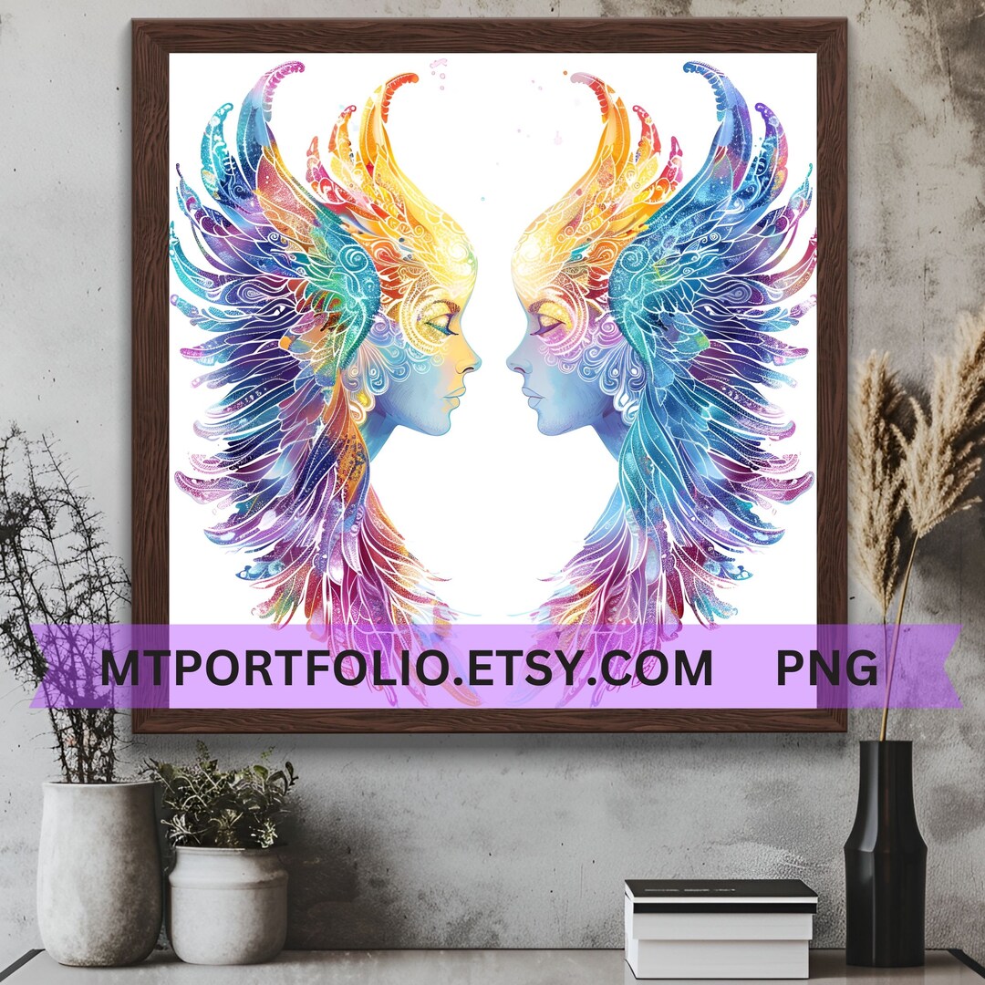 Winged Angel Faces Printable Art Opposing Faces Wall Art Stained Glass ...